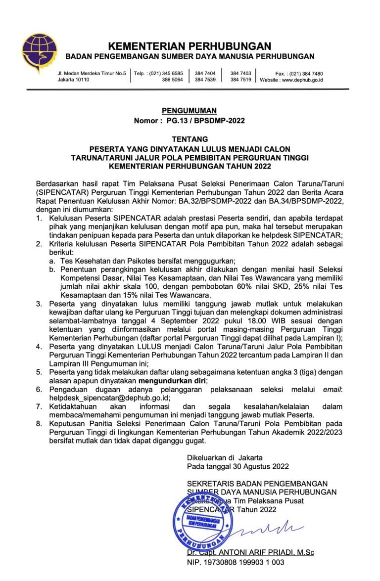PENGUMUMAN PESERTA YANG DINYATAKAN LULUS MENJADI CALON TARUNA/TARUNI ...