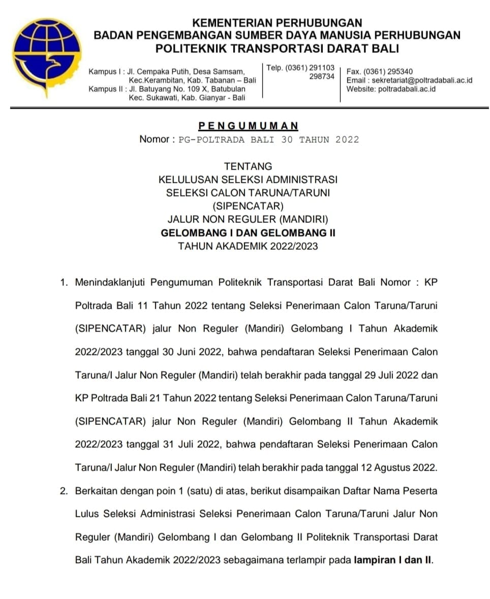 PENGUMUMAN KELULUSAN SELEKSI ADMINISTRASI SELEKSI CALON TARUNA/TARUNI ... PENGUMUMAN KELULUSAN SELEKSI ADMINISTRASI SELEKSI CALON TARUNA/TARUNI ...