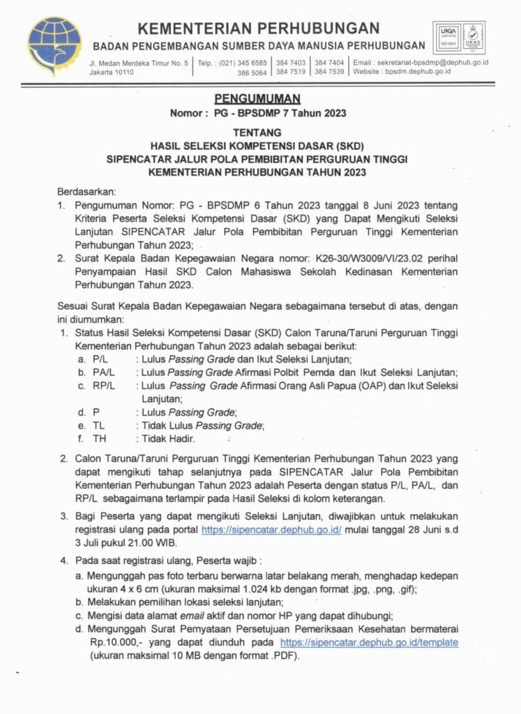 PENGUMUMAN HASIL SELEKSI KOMPETENSI DASAR (SKD) JALUR POLA PEMBIBITAN PERGURUAN TINGGI ...