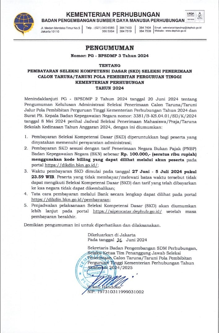 PENGUMUMAN TENTANG PEMBAYARAN SELEKSI KOMPETENSI DASAR (SKD) SIPENCATAR ...