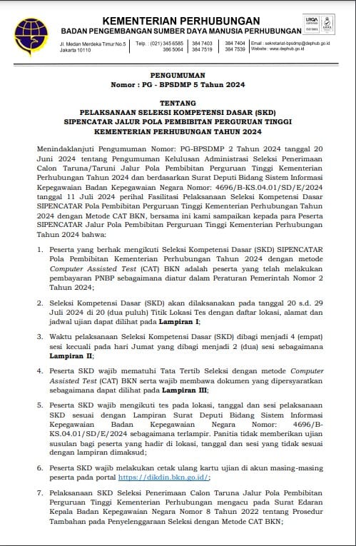 PENGUMUMAN TENTANG PELAKSANAAN SELEKSI KOMPETENSI DASAR (SKD) SIPENCATAR JALUR POLA PEMBIBITAN ...