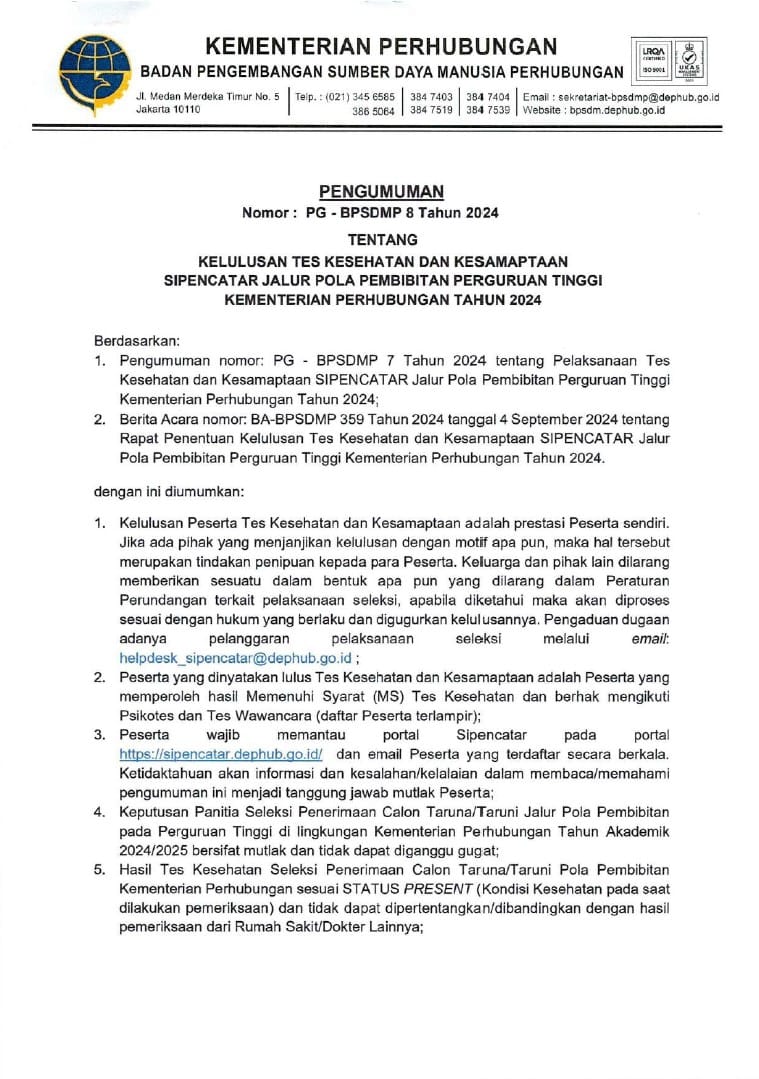 PENGUMUMAN TENTANG KELULUSAN TES KESEHATAN DAN KESAMPTAAN SIPENCATAR ...
