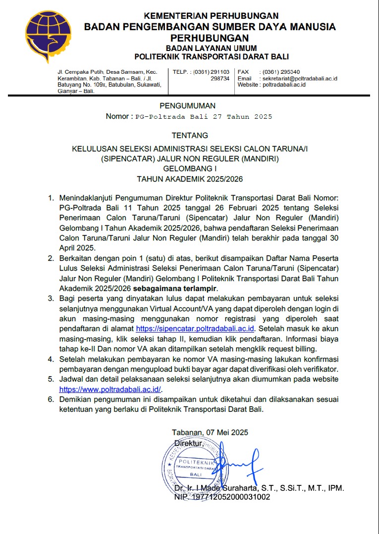 PENGUMUMAN KELULUSAN SELEKSI ADMINISTRASI SELEKSI CALON TARUNA/I (SIPENCATAR) JALUR NON REGULER ...